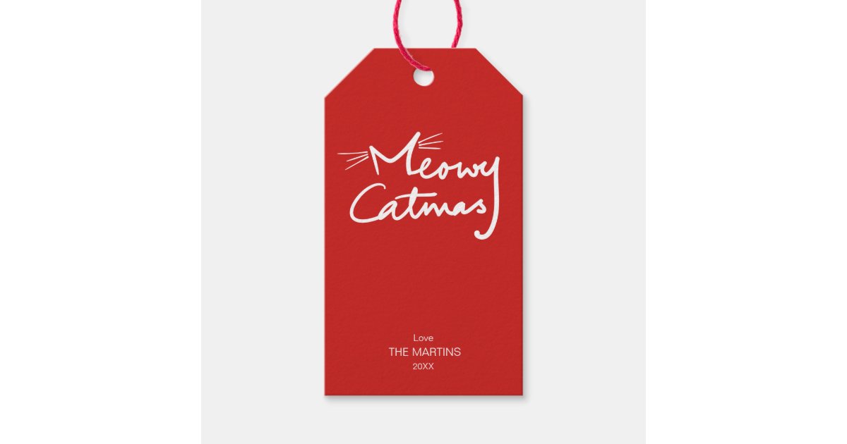 Meowy Catmas Funny Red Cat Christmas Gift Tags | Zazzle