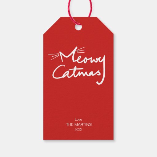 Meowy Catmas Funny Red Cat Christmas Gift Tags | Zazzle