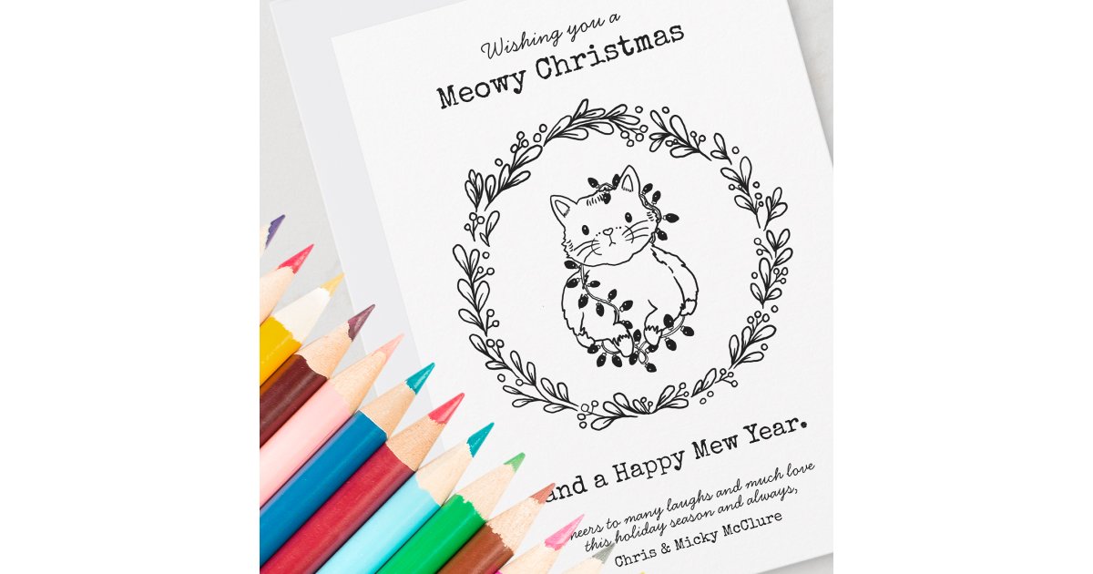 Meowy Christmas Color Your Own Cat in Lights Holiday Card | Zazzle