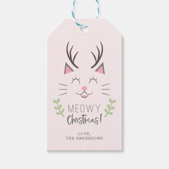 Meowy Christmas | Cute Cat, Antlers Personalized Gift Tags | Zazzle