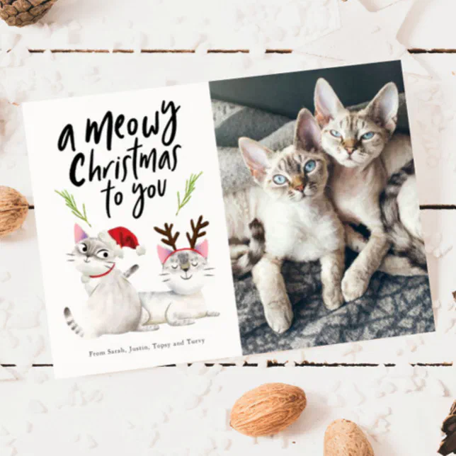 Meowy Christmas Cute Cat Photo Holiday Card | Zazzle
