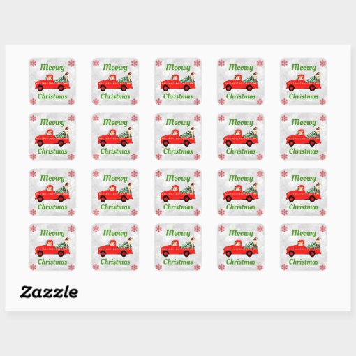 Meowy Christmas Cute Cat Red Truck Square Sticker | Zazzle
