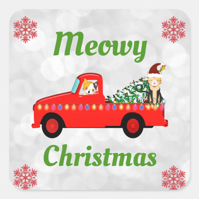 Meowy Christmas Cute Cat Red Truck Square Sticker | Zazzle