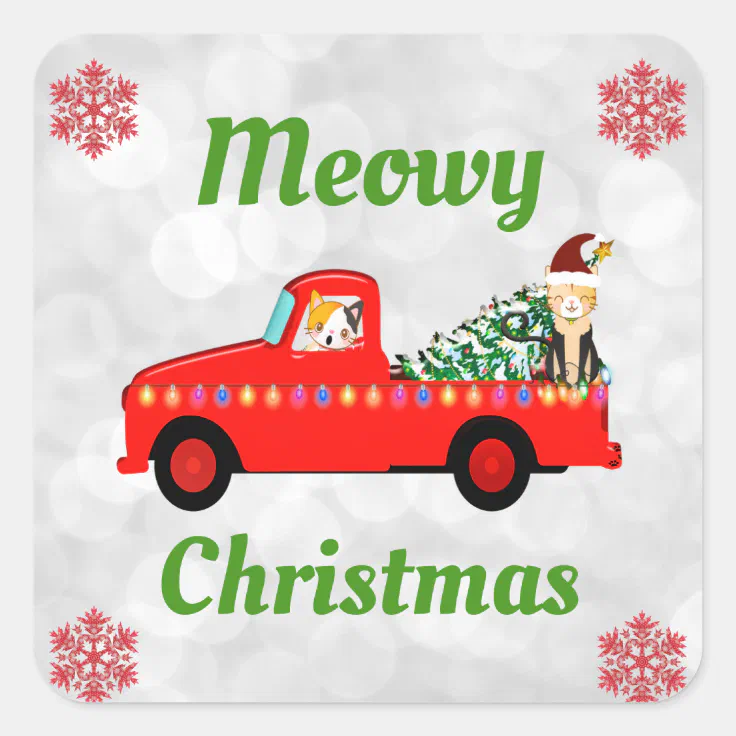 Meowy Christmas Cute Cat Red Truck Square Sticker | Zazzle