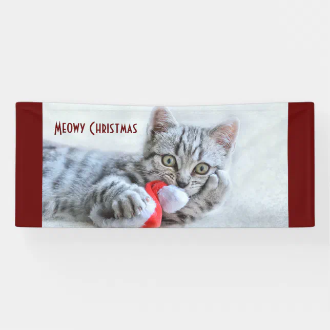 Meowy Christmas Cute Gray Tabby Cat Banner | Zazzle