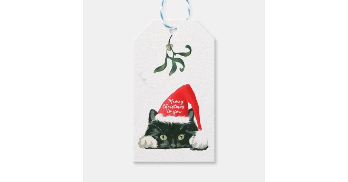 meowy christmas holiday cat in santa hat tags | Zazzle