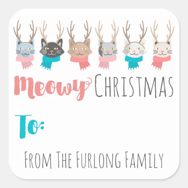 'Meowy Christmas' Holiday Cats Custom To & From Square Sticker | Zazzle