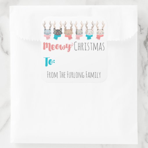 'Meowy Christmas' Holiday Cats Custom To & From Square Sticker | Zazzle
