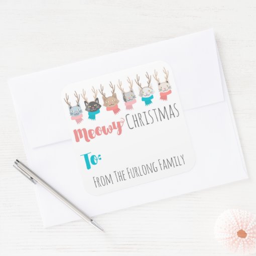'Meowy Christmas' Holiday Cats Custom To & From Square Sticker | Zazzle