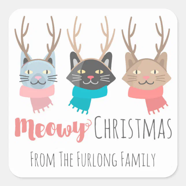 'Meowy Christmas' Holiday Cats In Antlers Personal Square Sticker | Zazzle