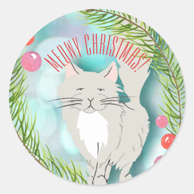 Meowy Christmas Kitten Cat Holiday Card Sticker | Zazzle