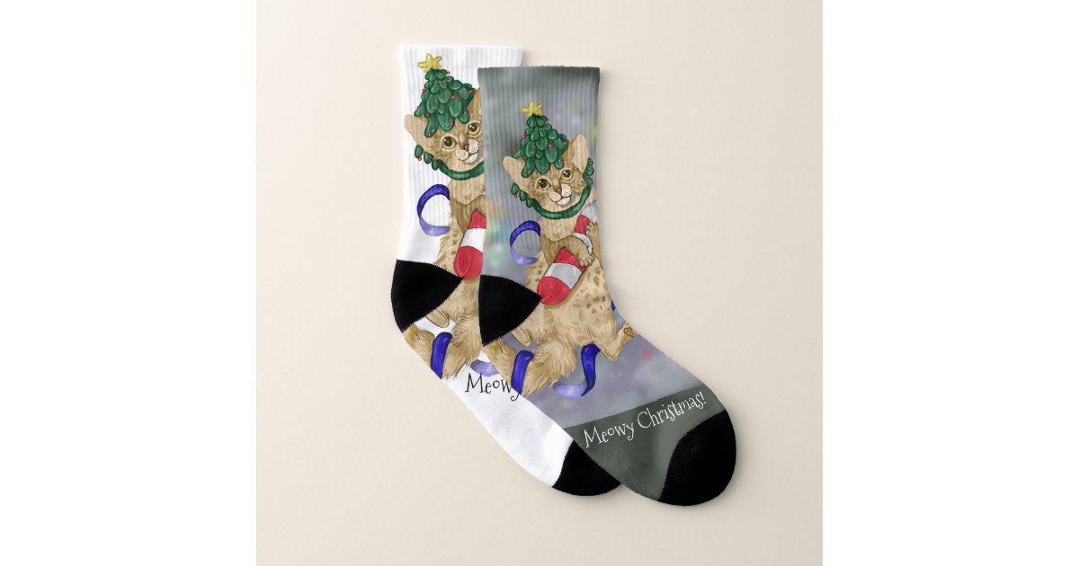 Meowy Christmas Kitty Cat Socks | Zazzle