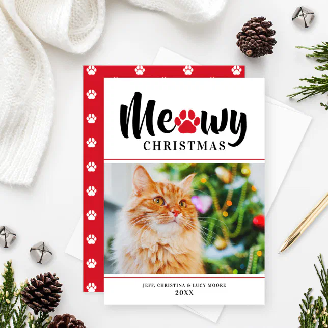 Meowy Christmas Red Cat Pawprint Photo | Zazzle