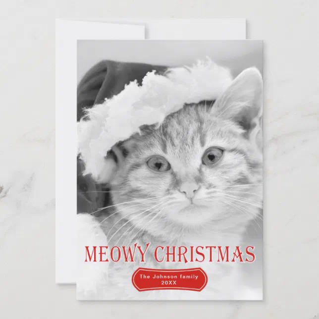 Meowy Christmas red cat pet Christmas photo Holiday Card | Zazzle