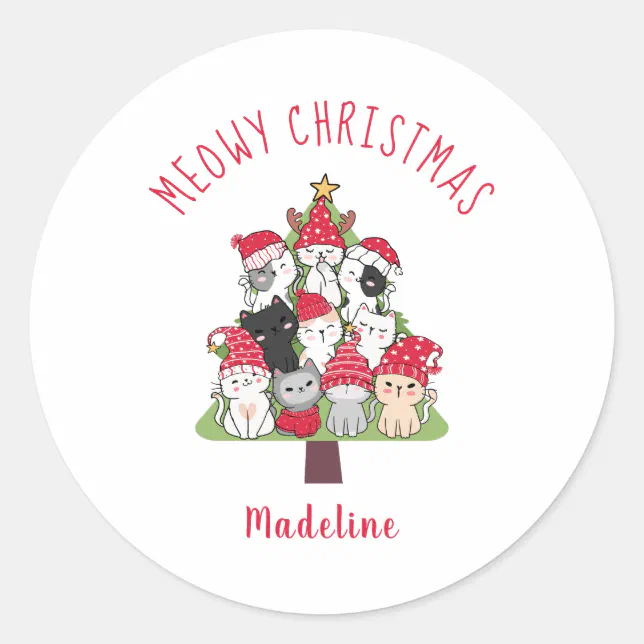 Meowy Christmas Tree Cats Classic Round Sticker | Zazzle