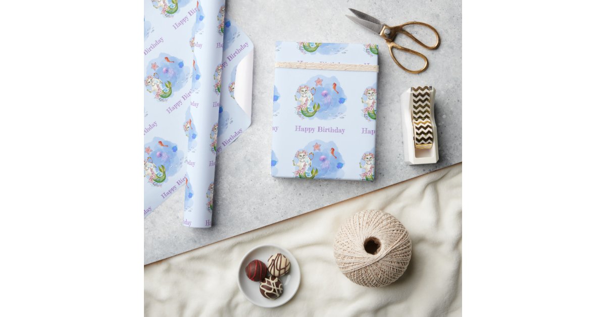 Mercat light Blue cat mermaid Birthday Wrapping Paper | Zazzle