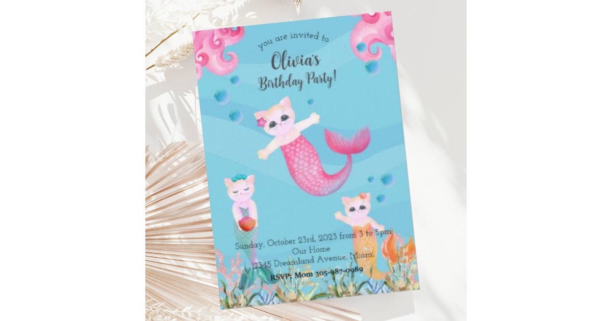 Mercat Mermaid Cat Birthday Party Invitation | Zazzle