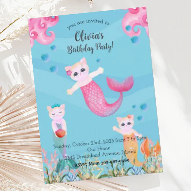 Mercat Mermaid Cat Birthday Party Invitation | Zazzle