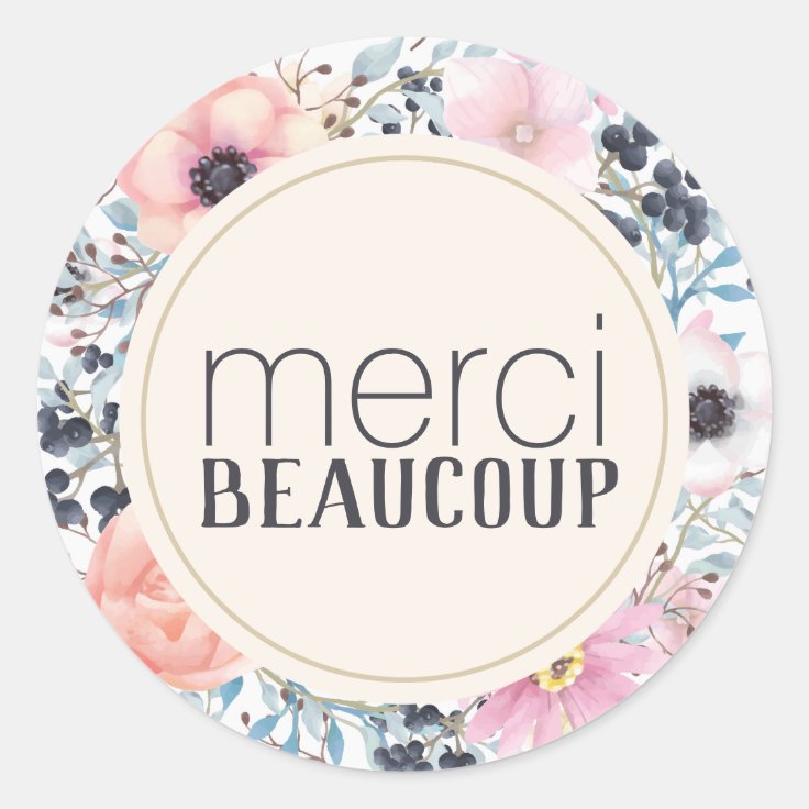 Merci Beaucoup Thank You Floral Sticker | Zazzle