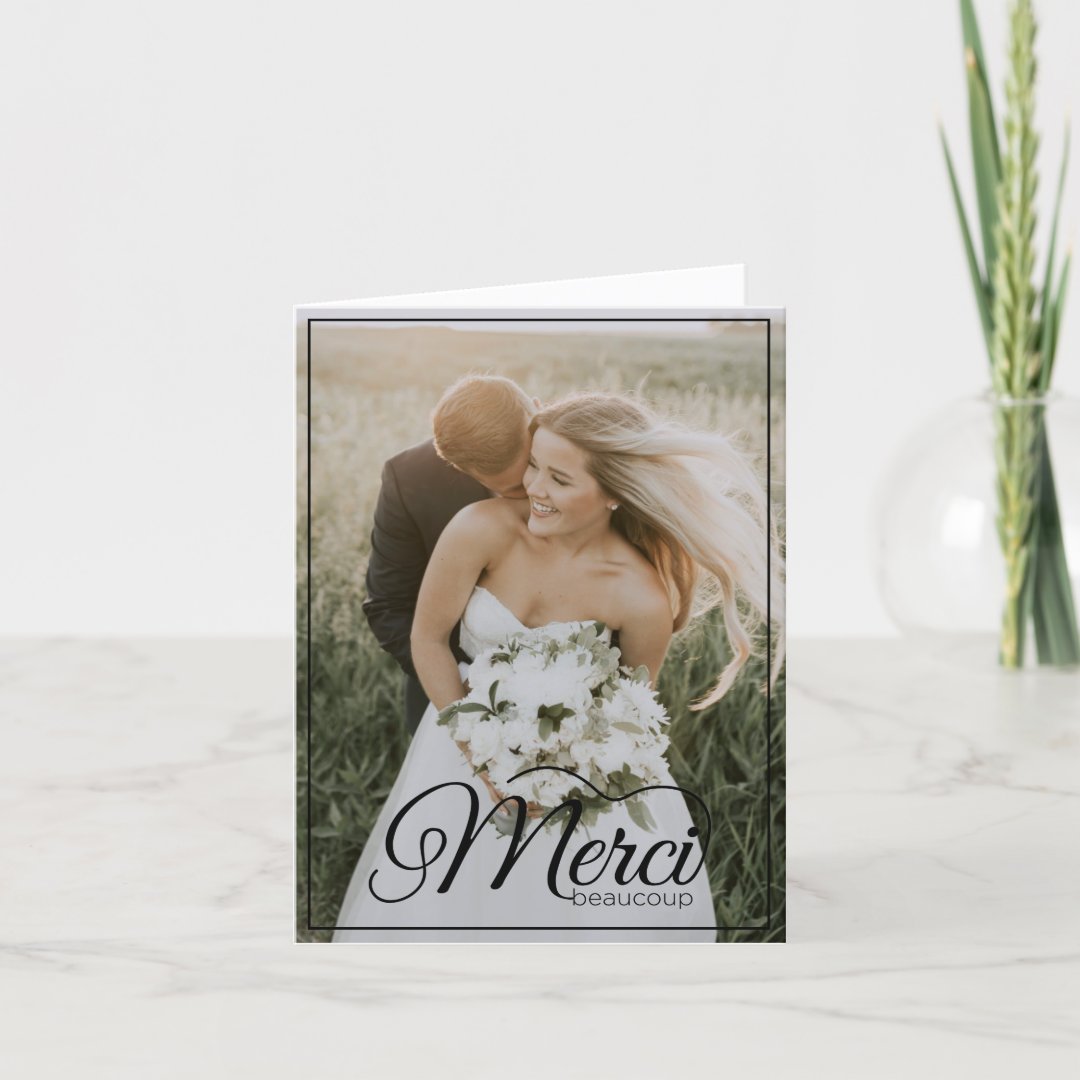 Merci Beaucoup Vertical Two Photo Wedding Blank Thank You Card | Zazzle