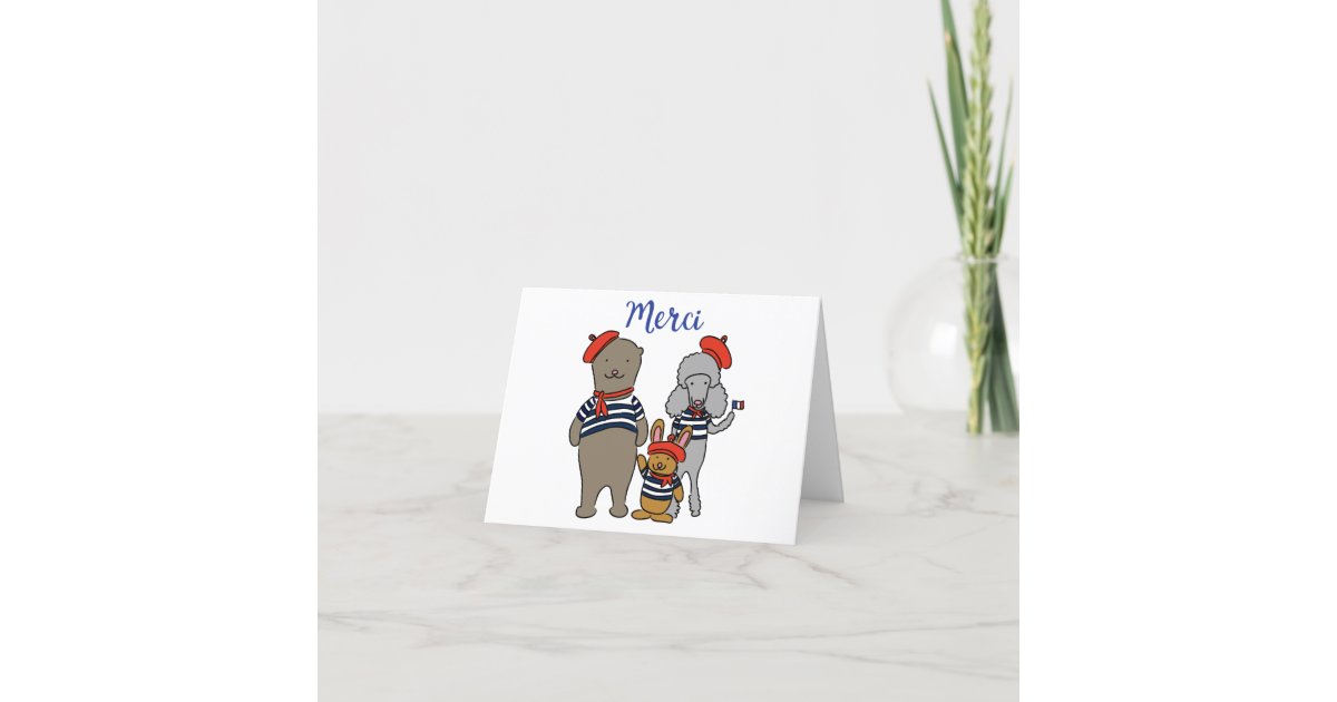 Merci Cute French Cartoon Animals Thank You Card | Zazzle
