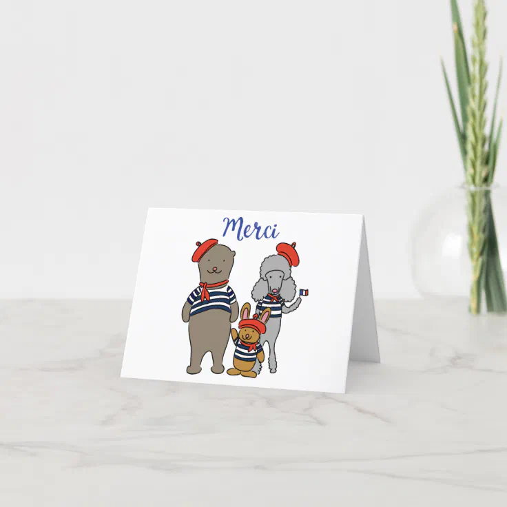 Merci Cute French Cartoon Animals Thank You Card | Zazzle