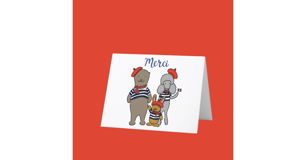 Merci Cute French Cartoon Animals Thank You Card | Zazzle
