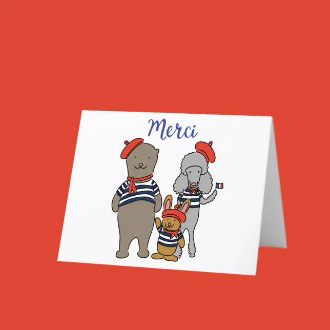 Merci Cute French Cartoon Animals Thank You Card | Zazzle
