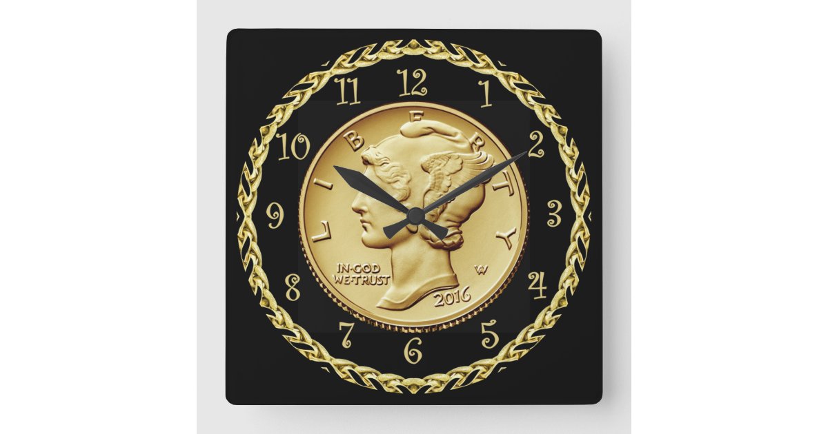 Mercury Dime Centennial Gold Coin Image ~ Square Wall Clock | Zazzle