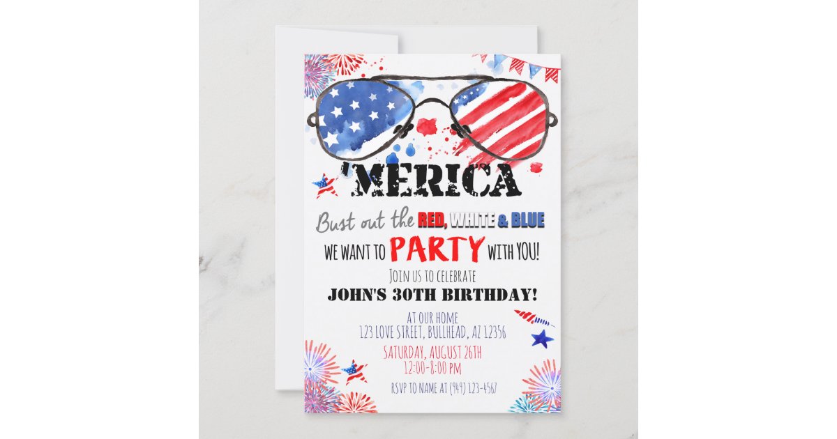 'Merica Patriotic Red White and Blue Birthday Invitation | Zazzle