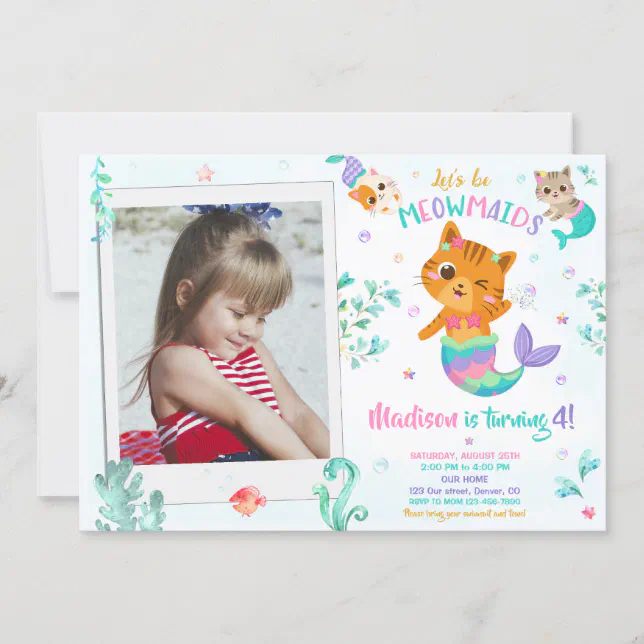 Merkitten birthday invitation Girl photo Magical | Zazzle