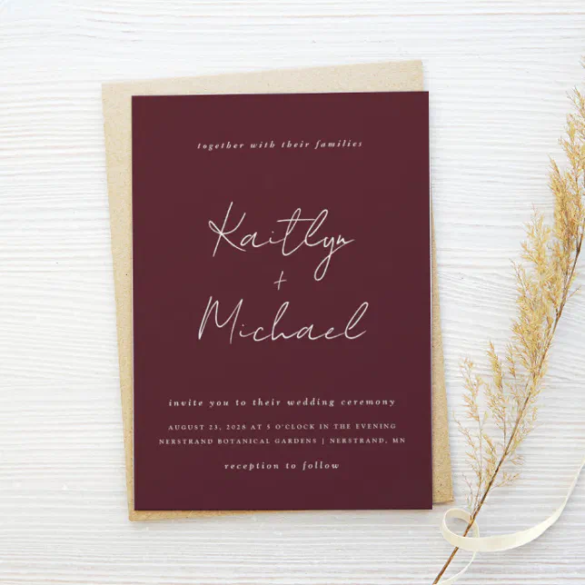 Merlot Wedding Burgundy Modern Handwriting Invitation | Zazzle