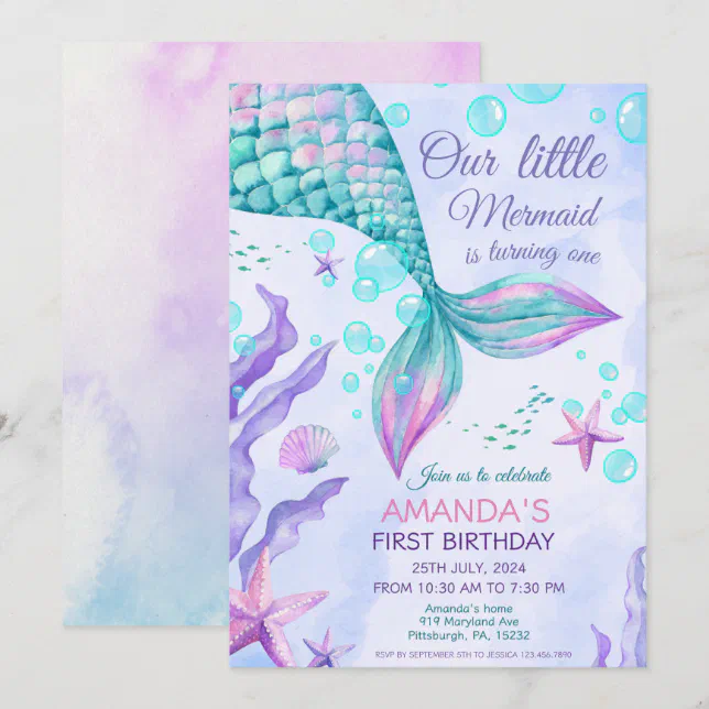 Mermaid 1st Birthday Under The Sea Mermaid Party Invitation | Zazzle