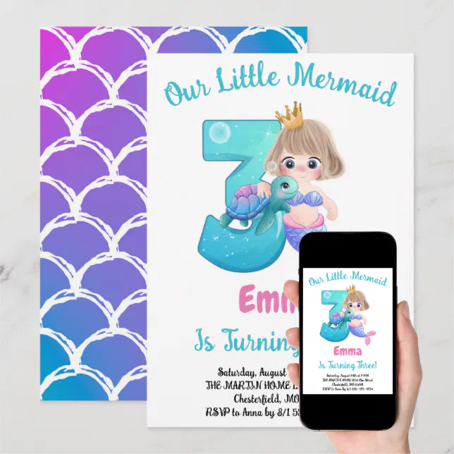 Mermaid 3rd Birthday Party Invitation | Zazzle