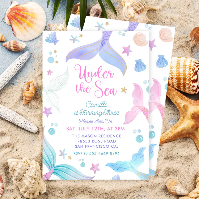 Mermaid 3rd Birthday Under The Sea Party Invitation | Zazzle