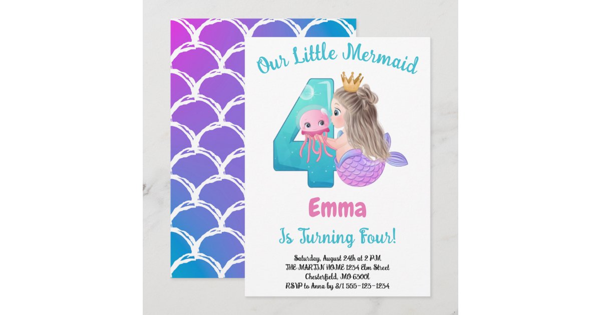 Mermaid 4th Birthday Party Invitation | Zazzle