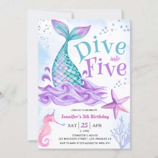 Mermaid 5th Birthday Dive into Five Invitation | Zazzle
