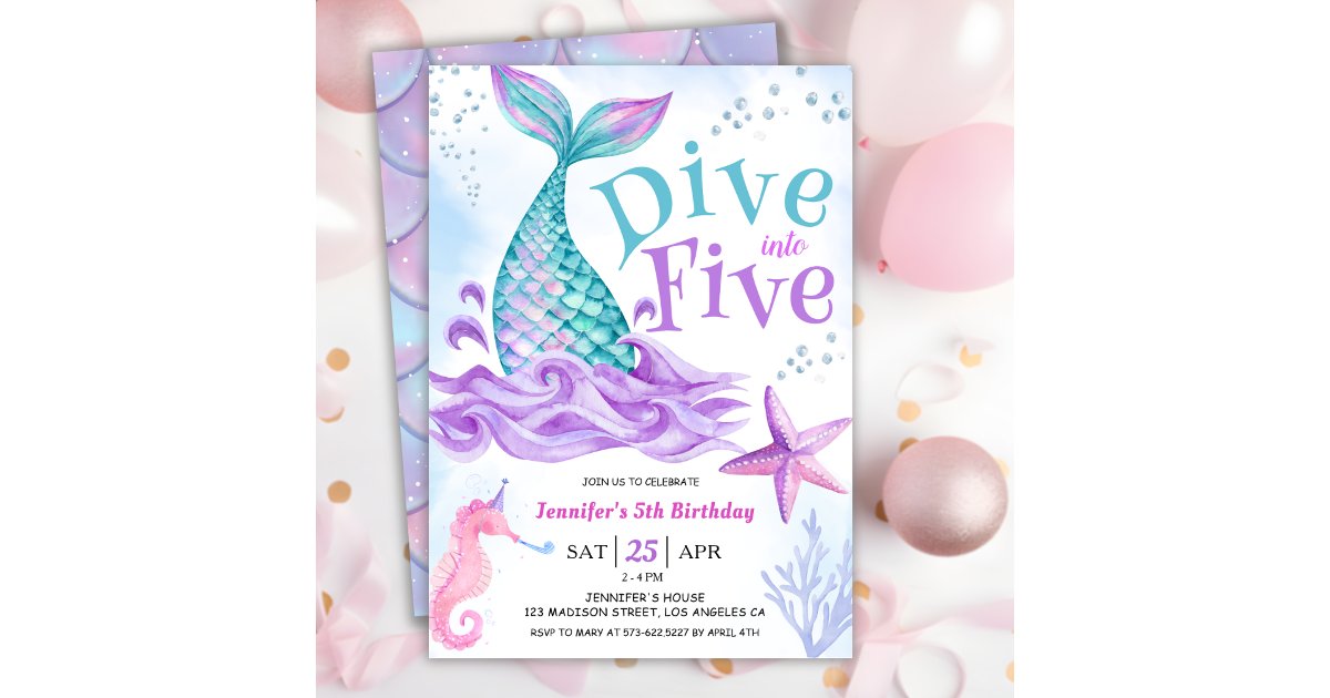 Mermaid 5th Birthday Dive into Five Invitation | Zazzle
