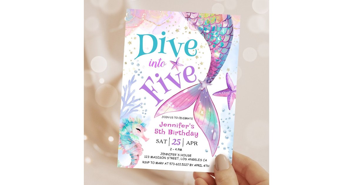 Mermaid 5th Birthday Dive into Five Invitation | Zazzle