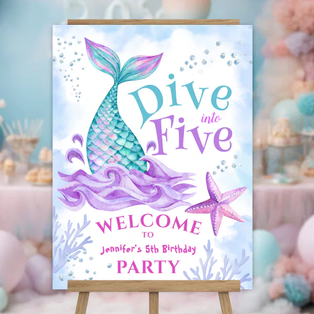 Mermaid 5th Birthday Dive into Five Welcome Sign | Zazzle