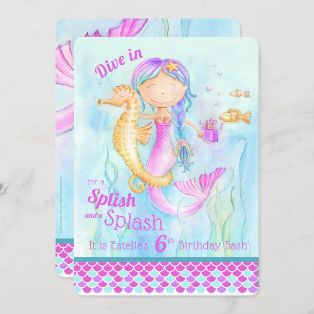 Mermaid 6th Birthday pool party art invitations | Zazzle