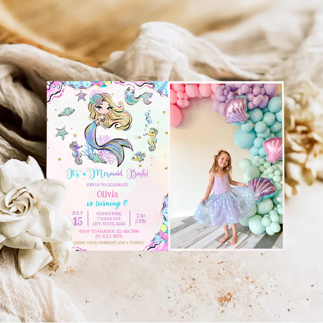 Mermaid 7th Birthday Mermaid Party Photo Invitation | Zazzle