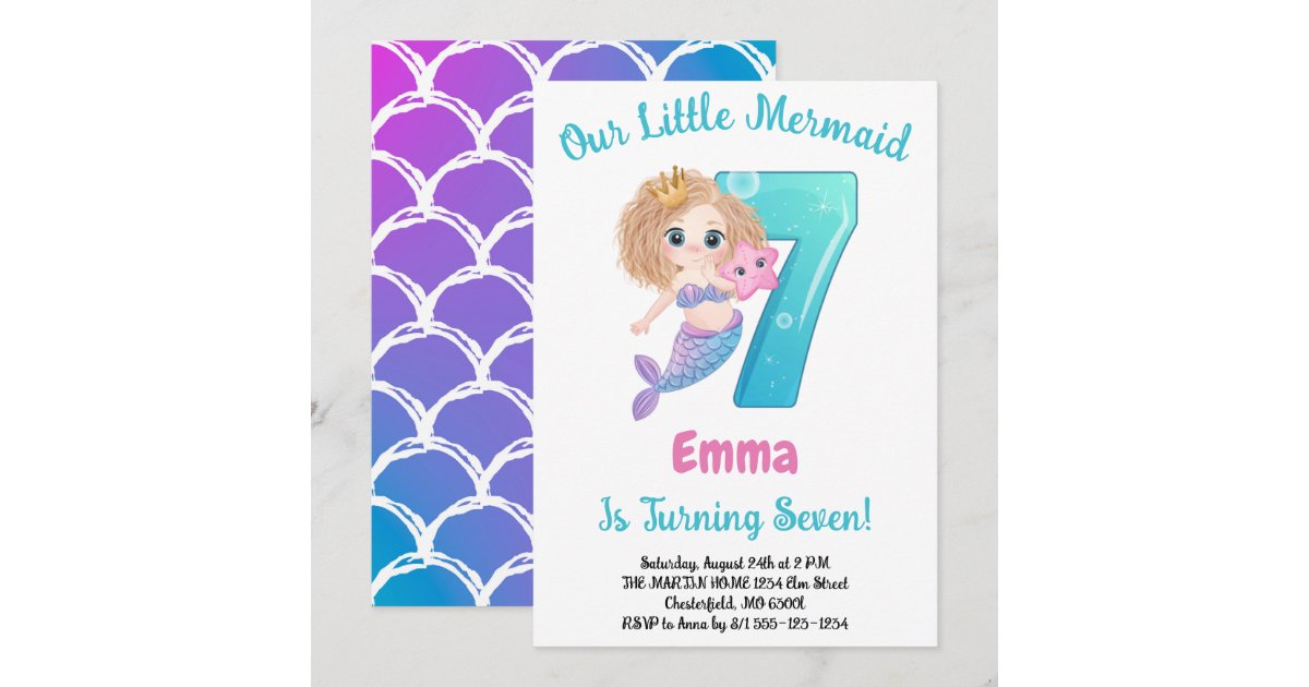 Mermaid 7th Birthday Party Invitation | Zazzle