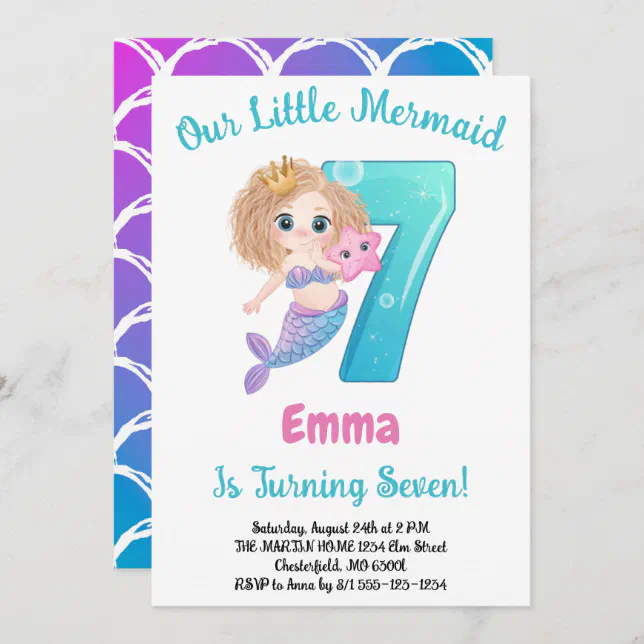 Mermaid 7th Birthday Party Invitation | Zazzle