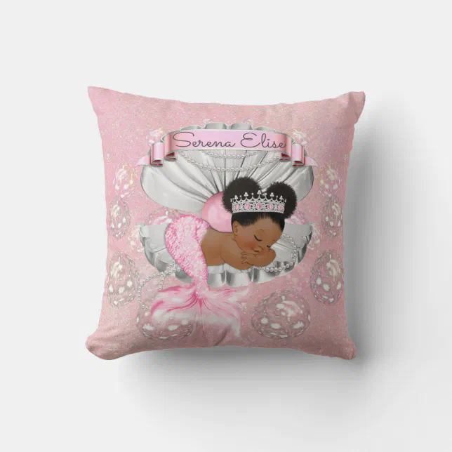 Mermaid African American Baby Pink Shell Pearls Throw Pillow | Zazzle