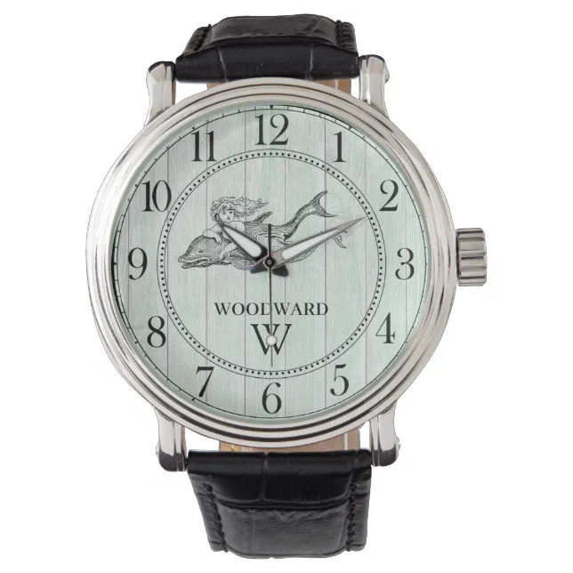 Mermaid And Dolphin Beach Wood Nautical Watch | Zazzle