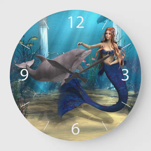 Mermaid and Dolphin Large Clock | Zazzle