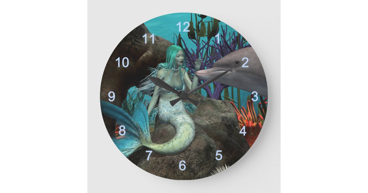 Mermaid and Dolphin Under the Sea Large Clock | Zazzle