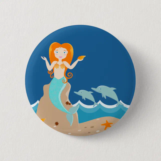 Mermaid and dolphins under the sea pinback button | Zazzle