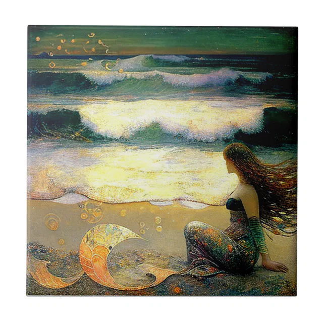 Mermaid and Golden Sea Sprites Ceramic Tile | Zazzle